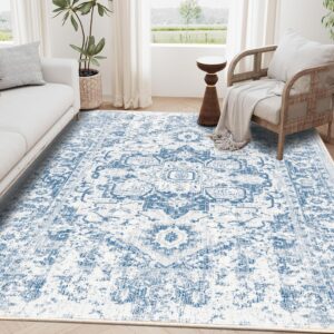 faiokaver soft thin washable vintage area rug - 5x7 large boho blue bedroom rug entry mat,vintage non-slip non-shedding low pile indoor throw carpet for laundry living room