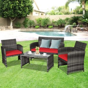 Giantex 4 Pc, Rattan Loveseat & Patio Chairs with Cushioned Seat, Wicker Coffee Table, Outdoor Furniture Front Porch Poolside Garden Lawn Conversation Sets, Mix Grey&red