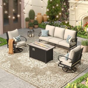 vicllax patio furniture set 4 pieces outdoor conversation set, 3-seat sofa with 45" ceramic tabletop fire pit and 2 swivel sofa chairs for garden, poolside, backyard, beige cushion