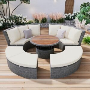 eovtk outdoor patio round daybed, all-weather rattan sectional sofa set with liftable table, washable cushions and 6 pillows for backyard poolside, beige