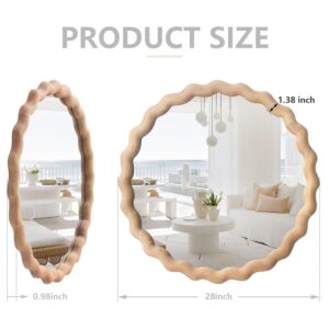 Irregular Wall Mirror,Wood Round Farmhouse Mirror Unique Vanity Mirror,28" Nature Wooden Modern Bathroom Mirror for Washroom Living Room Bedroom