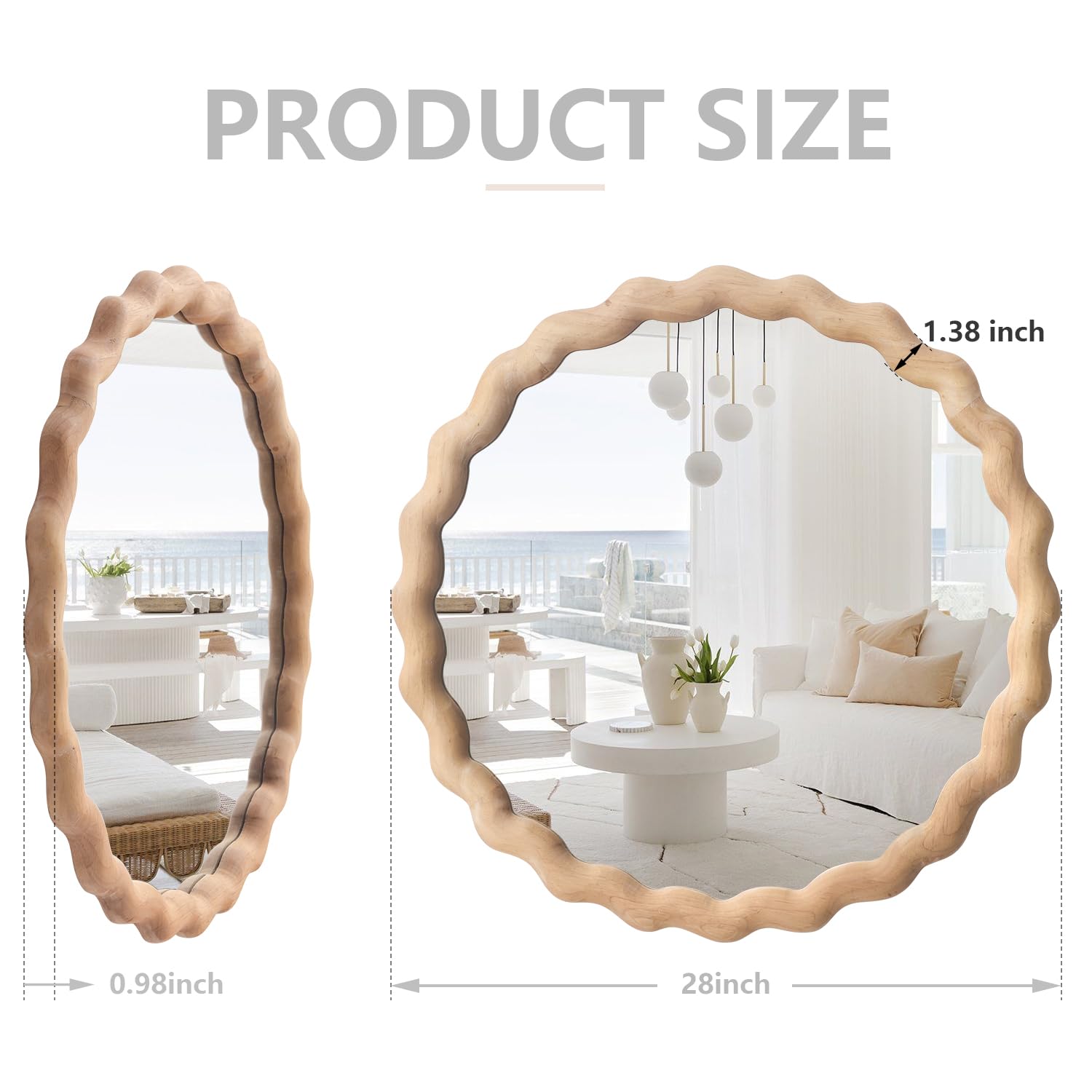 Irregular Wall Mirror,Wood Round Farmhouse Mirror Unique Vanity Mirror,28" Nature Wooden Modern Bathroom Mirror for Washroom Living Room Bedroom