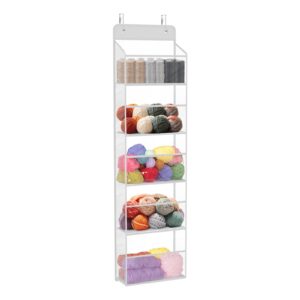 univivi door hanging yarn storage organizer, knitting and crochet organizer yarn ball storage with 5 clear plastic pockets & 2 big metal hooks for knitting needles, crochet hooks, yarn balls