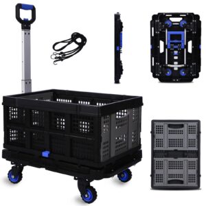 xcbyt 2 in 1 folding hand truck dolly cart with basket heavy duty 330 lbs utility foldable dolly platform trucks with 4 wheels & 2 elastic ropes retractable handle for moving