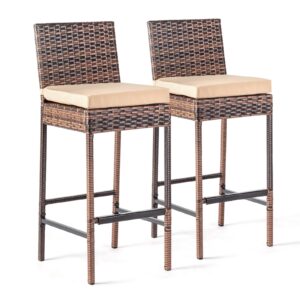 outvita patio wicker barstools, outdoor bar height chairs with seat cushions & footrests for patio porch backyard living room balcony, brown gradient rattan & beige cushion (2)