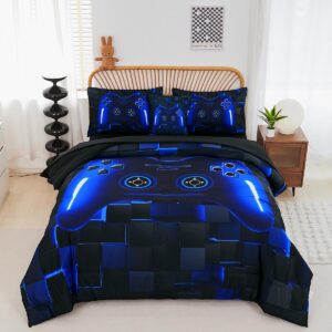 perfemet twin size bed in a bag 6 pieces gaming bedding set for boys blue gamer comforter with sheet set for kids teen cool video game black quilt bedding set(blue, twin)