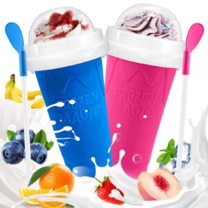 slushie cup, 2 pack slushy maker cup, frozen magic squeeze cups for juice milk yogurt ice cream make, diy smoothie cooling cup with lid & straw for kids friends family (blue+pink)