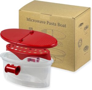 microwave pasta boat with strainer pasta cooker for pasta, rice, vegetables, chicken