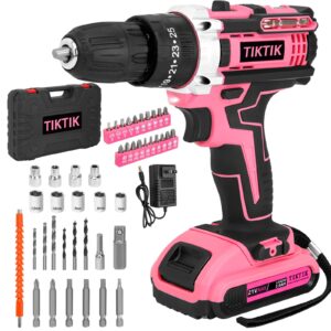 tiktik pink cordless drill set,21v cordless power drill tool box with battery and charger,torque 45n,3/8-inch keyless chuck,25+3 position and drill bits,electric screwdriver driver tool kit for women