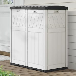 dwvo 66 gallon double-bin outdoor trash can, waterproof resin garbage can with tiered lid and drip tray for patio, kitchen, deck, and backyard, grayish-white