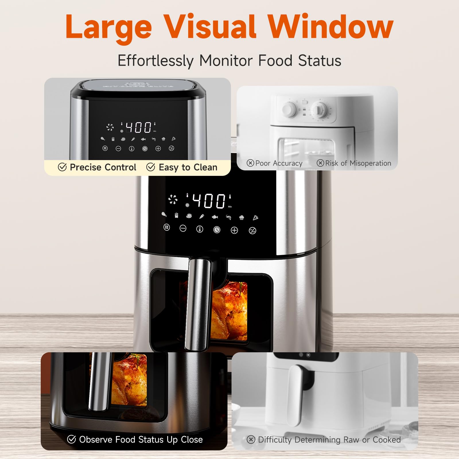 Kitchen Elite Air Fryer Stainless Steel with View Window, XL 8.5QT Large Airfryer, 8-in-1 Digital Control, 400°F Temp Controls, Nonstick Dishwasher-Safe, Space-Saving, Roast, Broil, 1500W