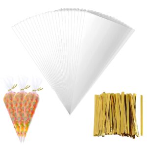 dxlam 100 pcs cone cellophane bags, 6x12 inches clear plastic cone shaped treat bags with 100 twist ties for party favor, gift wrapping, packaging decorations storage