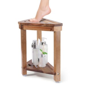 boulphia shower foot rest 14in, acacia wood shower stool for shaving legs, waterproof corner shower stool with storage shelf for inside small shower spaces