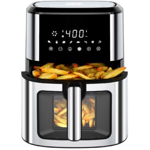 kitchen elite air fryer stainless steel with view window, xl 8.5qt large airfryer, 8-in-1 digital control, 400°f temp controls, nonstick dishwasher-safe, space-saving, roast, broil, 1500w