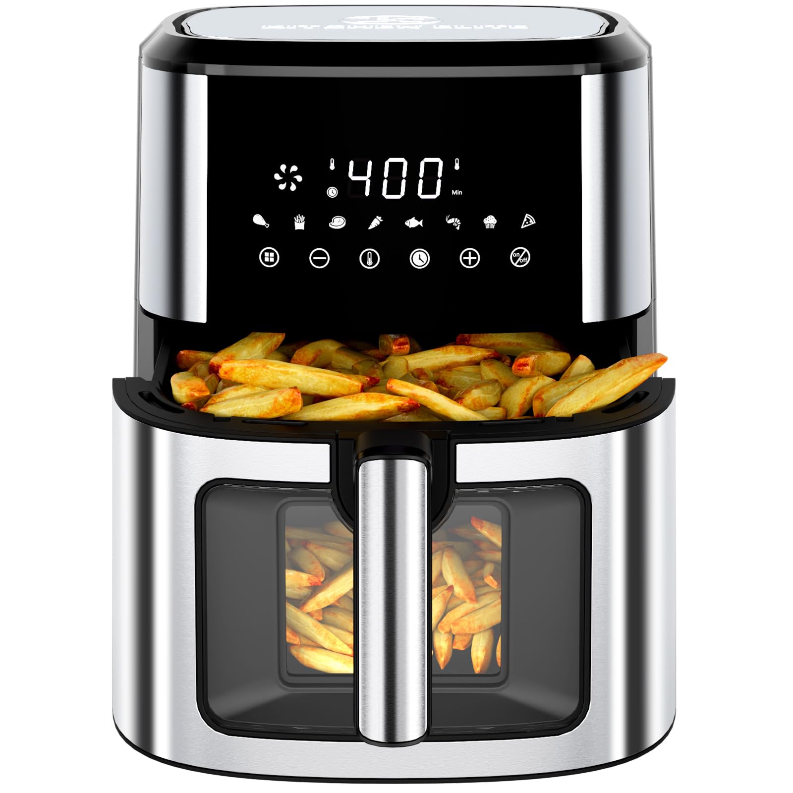 Kitchen Elite Air Fryer Stainless Steel with View Window, XL 8.5QT Large Airfryer, 8-in-1 Digital Control, 400°F Temp Controls, Nonstick Dishwasher-Safe, Space-Saving, Roast, Broil, 1500W