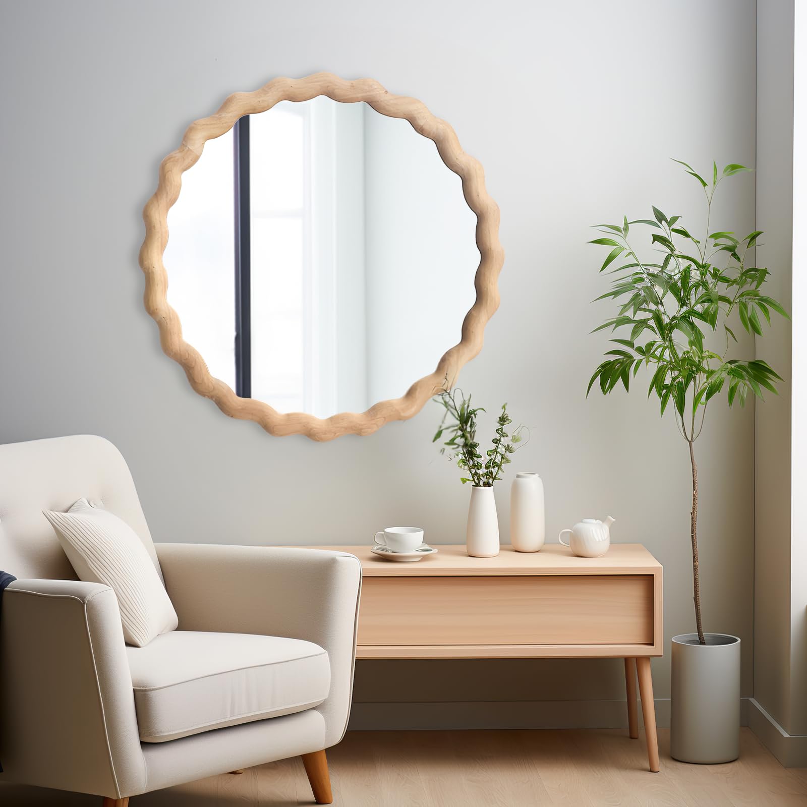 Irregular Wall Mirror,Wood Round Farmhouse Mirror Unique Vanity Mirror,28" Nature Wooden Modern Bathroom Mirror for Washroom Living Room Bedroom