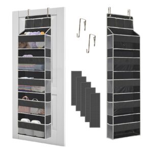 clbutge over the door organizer, 5 shelf clear hanging storage with 5 large pockets 10 mesh side and 3 pvc pockets, heavy duty baby organization for pantry, nursery, bedroom, stuffed toys (black)