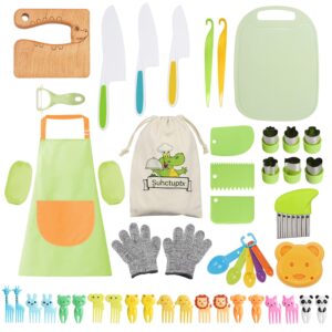 50pcs kids knife set for real cooking, kids kitchen knives with toddler cutting board apron gloves peeler crinkle cutters kid proof kitchen tools, little chef knifes gifts for 2 - 8 years old