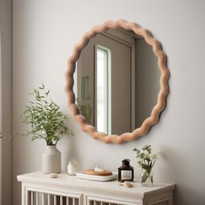 Irregular Wall Mirror,Wood Round Farmhouse Mirror Unique Vanity Mirror,28" Nature Wooden Modern Bathroom Mirror for Washroom Living Room Bedroom