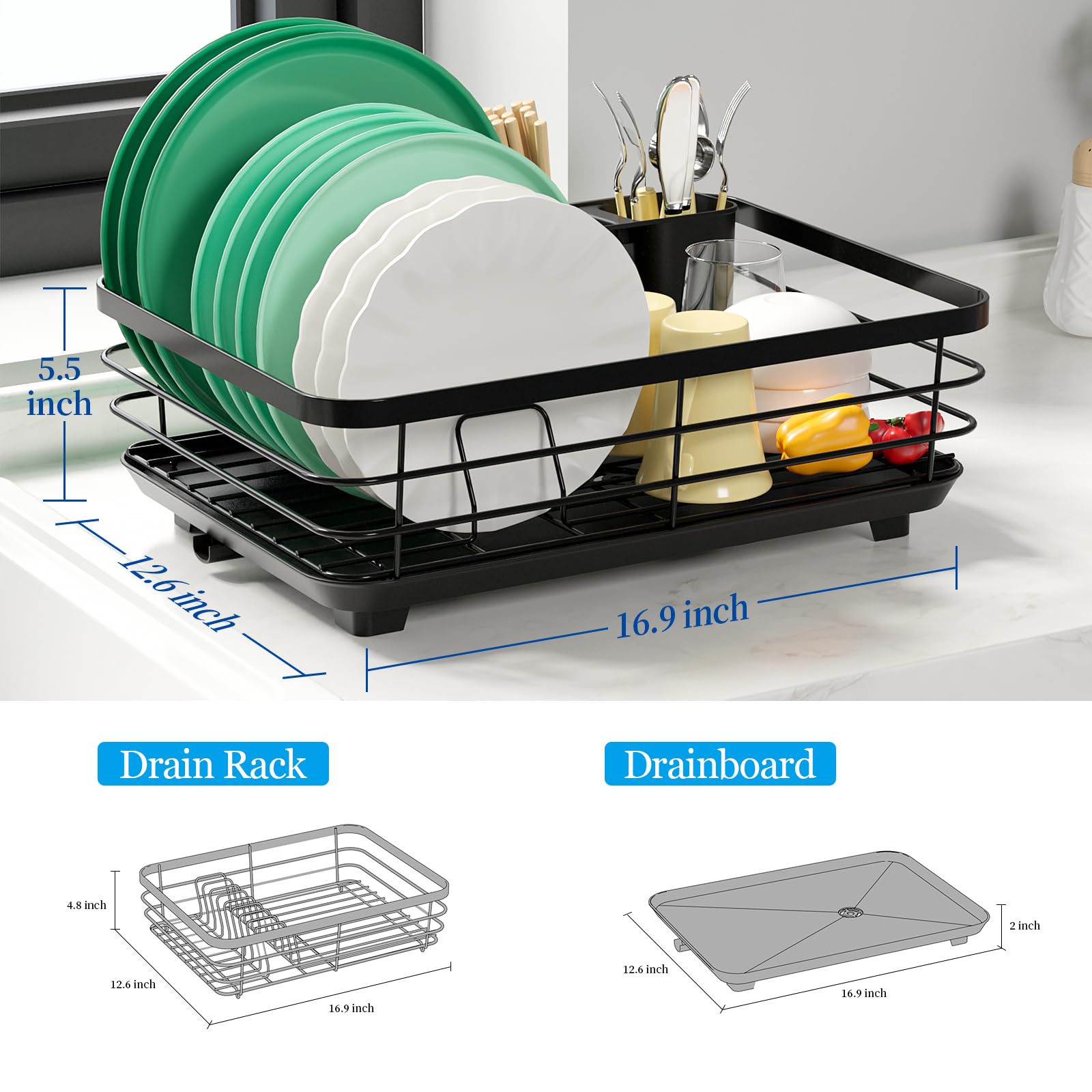 ZUIKEMX Upgraded Dish Drying Rack, Dish Racks for Kitchen Counter, Auto-Drain, Large Capacity, Space-Saving Dish Rack with Cutlery Holder, 16.9''L x 12.6''W, Black