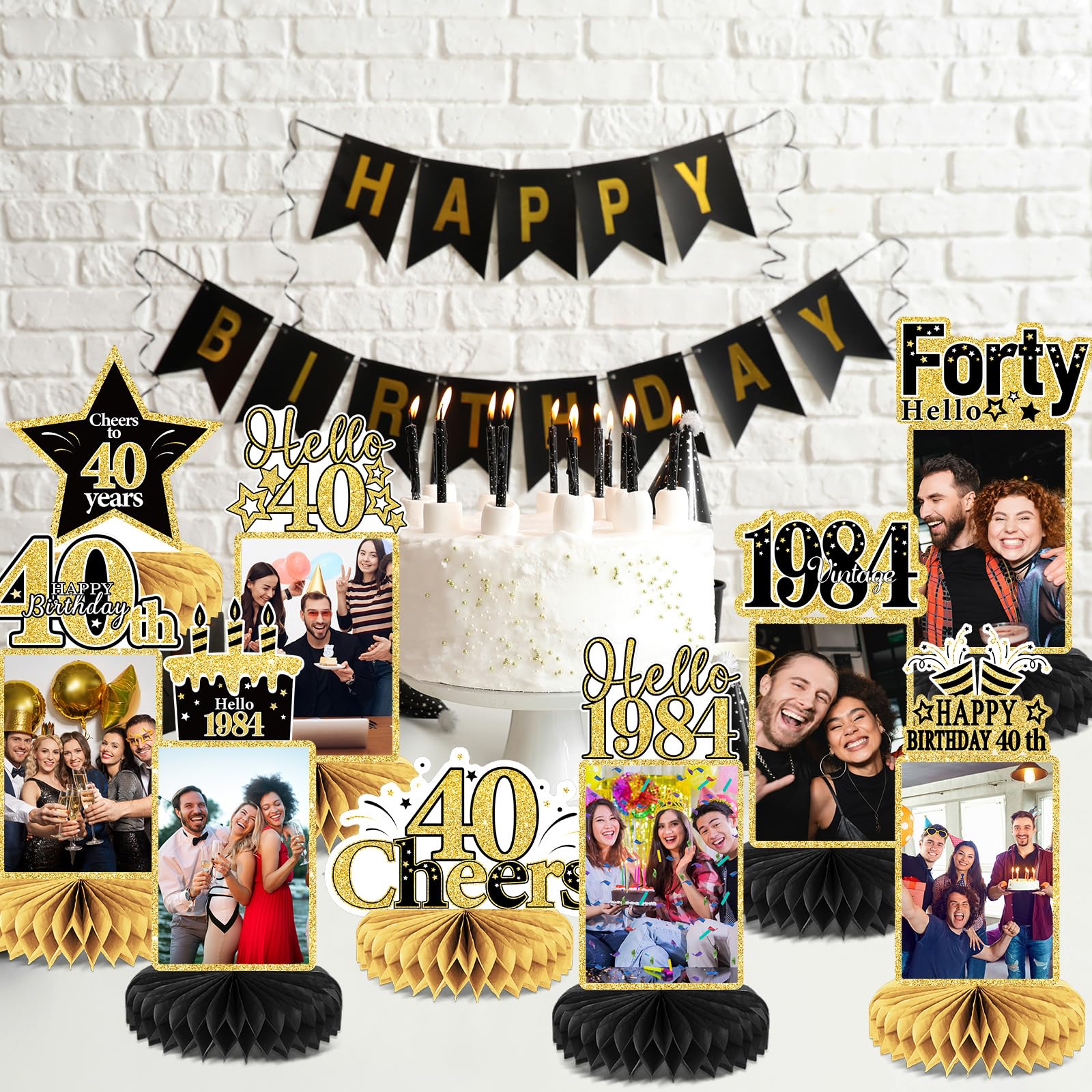 ZOiiWA 12Pcs 40th Birthday Decorations Black Gold Honeycomb Centerpieces for Table Decorations Cheers to 40 Years Photo table Centerpieces Party Supplies Happy 40th birthday Photo Props for Men Women