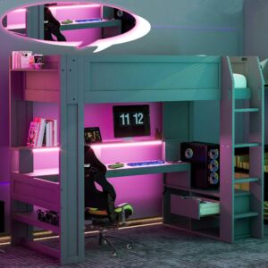 polibi twin size gaming loft bed with desk, led and charging station, wood loft bed frame with multi-storage shelves, dark gray