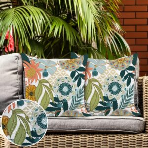 jartinle boho flowers leaves outdoor pillow covers 16x16 inch set of 2 waterproof decorative floral square outdoor pillows for patio furniture couch bench chair