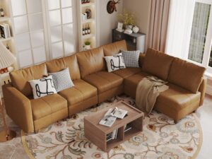 ease moose modular sleeper sofa bed sectional couch with storage, faux leather modular couch sectional sofa, brown