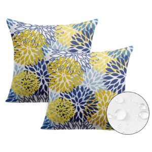 britown floral navy blue outdoor waterproof throw pillow covers 18 x 18 inch set of 2, geometric elegant pillowcase square cushion case, farmhouse garden decorative pillows for couch beach patio