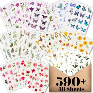 arme flower stickers for scrapbooking(590 pieces, 48 sheets),decorative floral stickers, small flower stickers for adults, pressed flower stickers pack, colorful wildflower stickers for scrapbooking