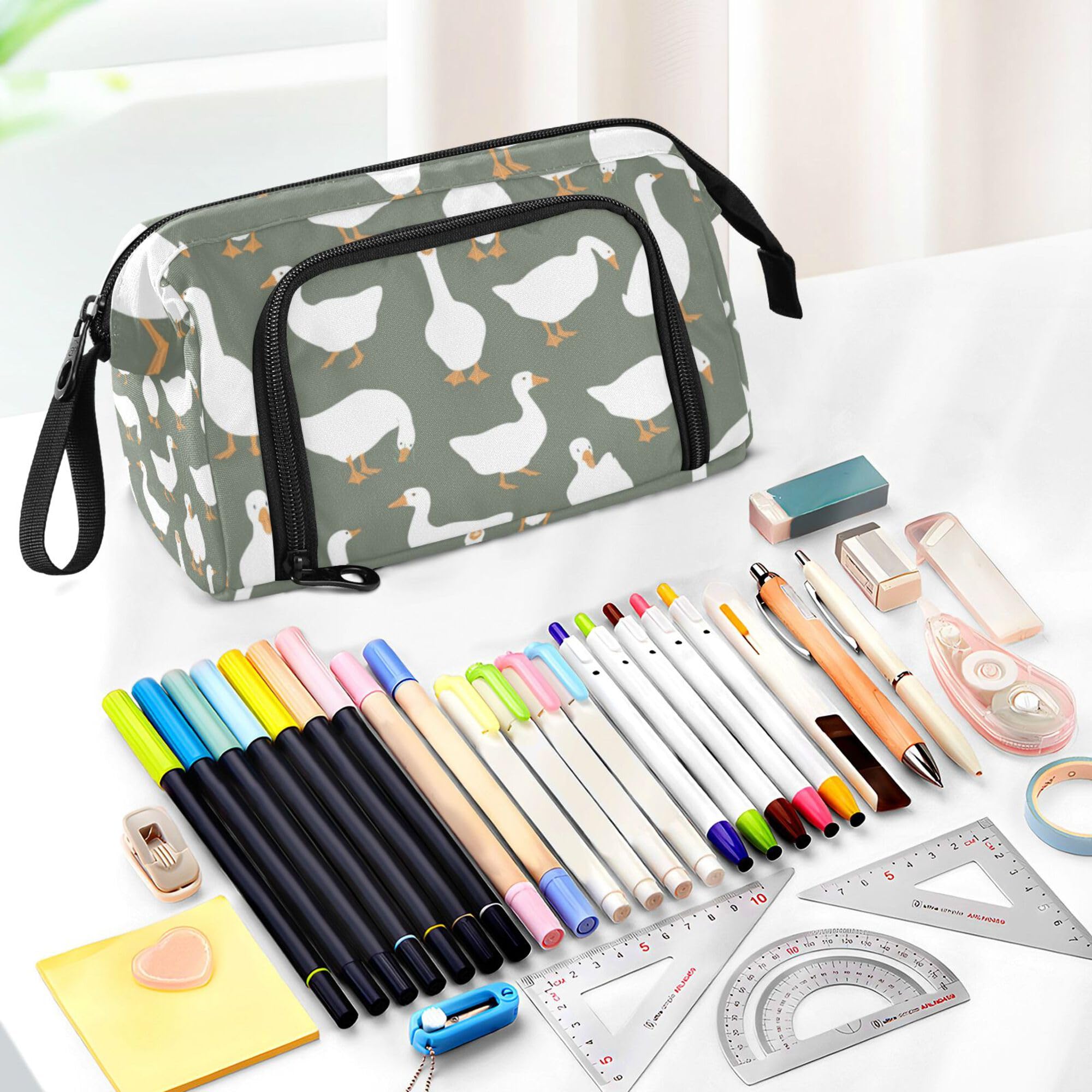 Glaphy Cute White Geese Pencil Case Large Capacity Pencil Pouch Bag Zipper Stationery Bag for Office College School