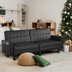 oprisen 72” sleeper futon sofa chair faux leather convertible loveseat sofa bed mid-century modern sofa tufted couch for office/livingroom/small space w/adjust backrest/side pockets (black, 2-seater)