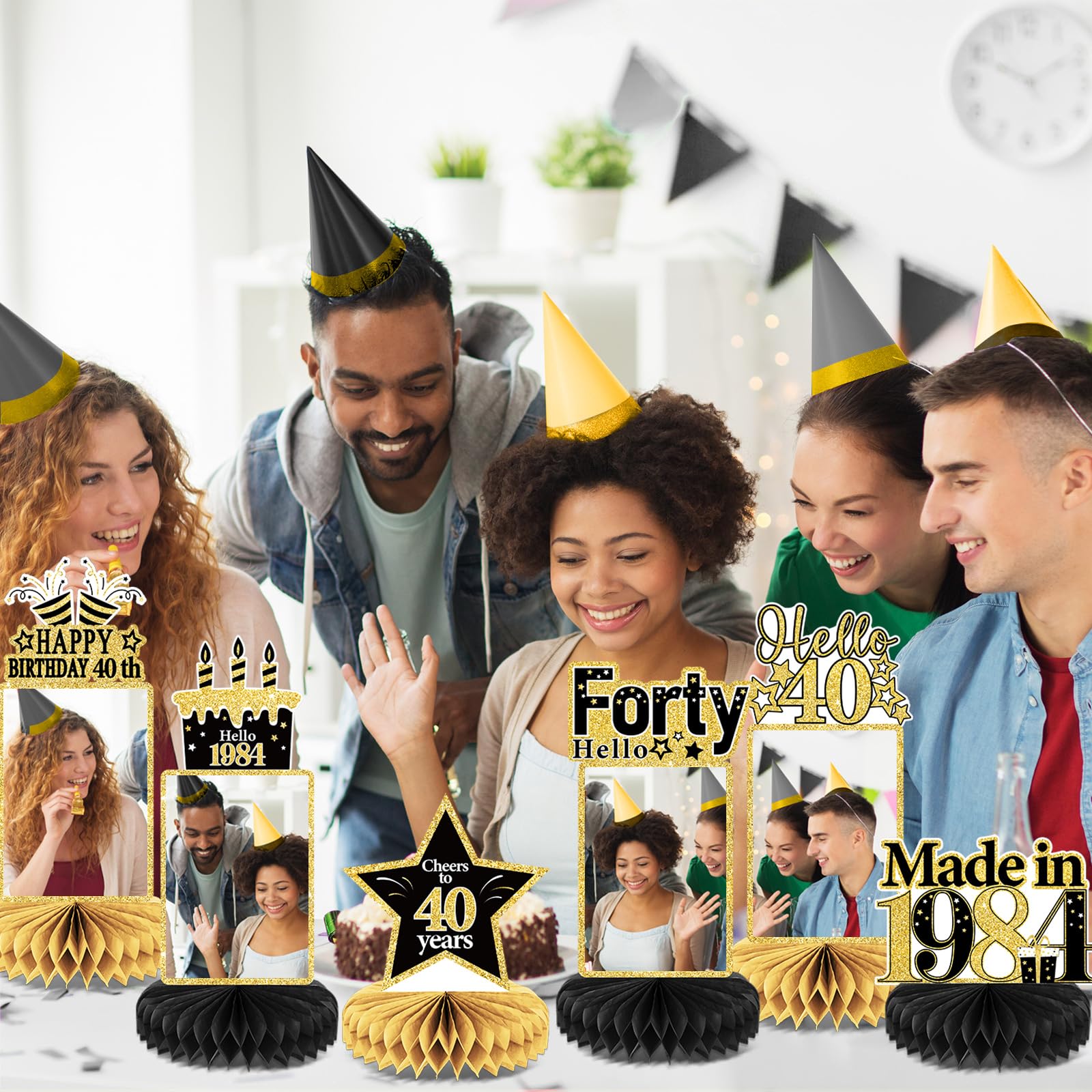 ZOiiWA 12Pcs 40th Birthday Decorations Black Gold Honeycomb Centerpieces for Table Decorations Cheers to 40 Years Photo table Centerpieces Party Supplies Happy 40th birthday Photo Props for Men Women