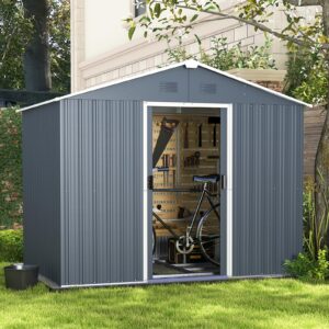 ironmax outdoor storage shed with floor, 7 x 5 ft galvanized steel garden shed cabinet with double sliding door & air vent, utility metal tool storage shed house for garden, backyard, patio, lawn