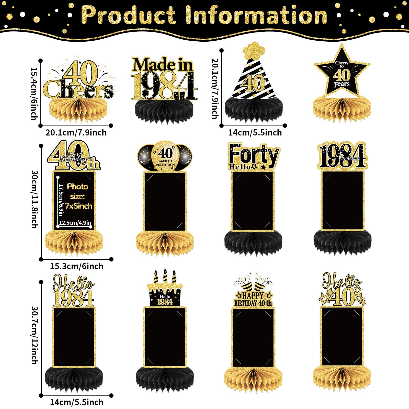 ZOiiWA 12Pcs 40th Birthday Decorations Black Gold Honeycomb Centerpieces for Table Decorations Cheers to 40 Years Photo table Centerpieces Party Supplies Happy 40th birthday Photo Props for Men Women