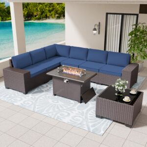 rwnnad patio furniture set sofa 7-pcs wicker sectional sofa set with 55,000 btu gas fireplace table,outdoor furniture rattan sets with tempered glass coffee table