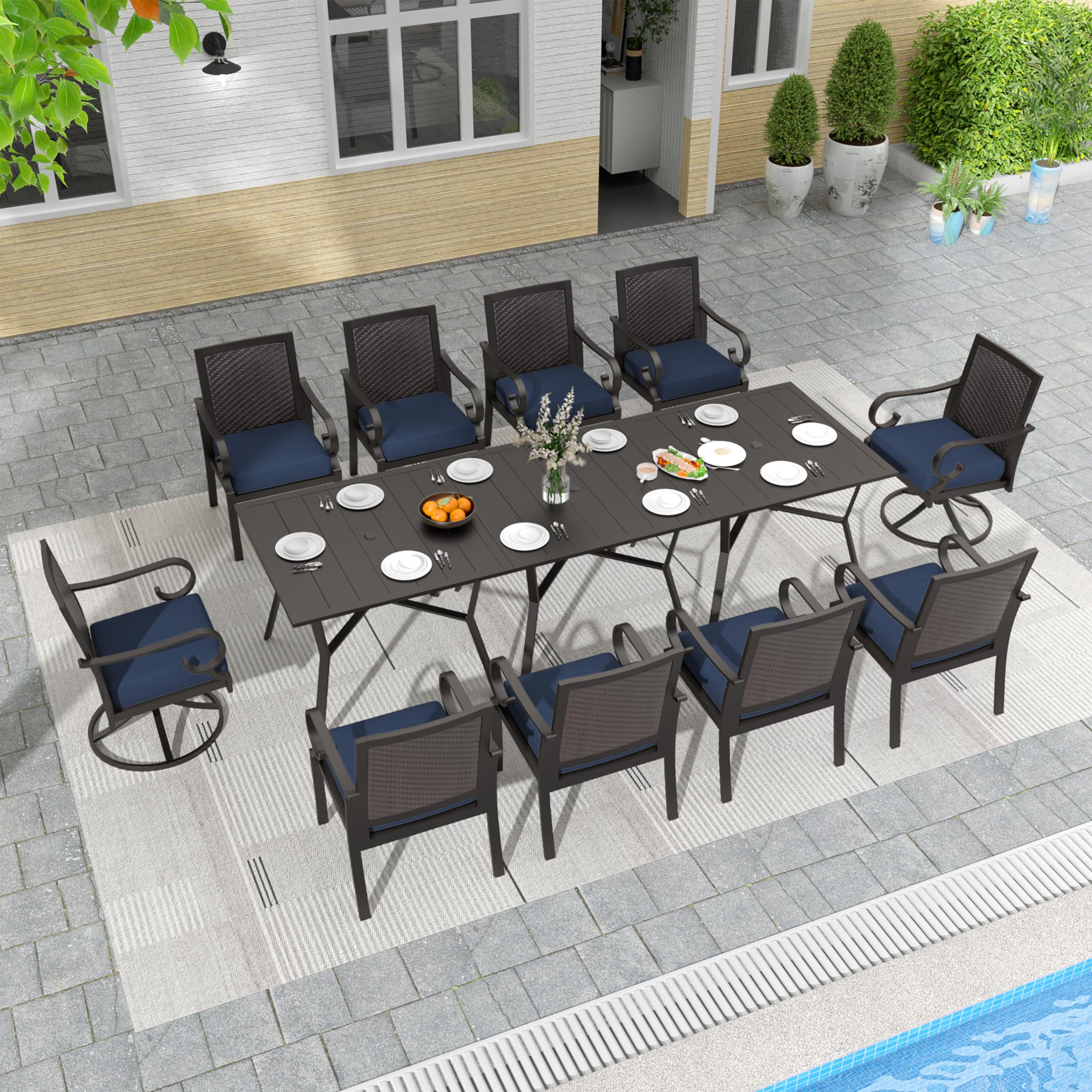 RTDTD 13 Pieces Outdoor Dining Set Patio Dining Table and Chairs Set Outdoor Furniture Set with 3 Square Metal Dining Tables with Umbrella Hole，10 Wicker Patio Chairs with Dark Blue Cushions