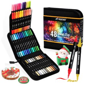 48 colors acrylic paint markers, dual tip with fine tip and brush tip pens for stone, wood, calligraphy, canvas, ceramic, metal, glass, rock painting, diy crafts art supplies kit