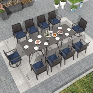 rtdtd 13 pieces outdoor dining set patio dining table and chairs set outdoor furniture set with 3 square metal dining tables with umbrella hole，10 wicker patio chairs with dark blue cushions