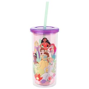 silver buffalo disney princess plastic tall cold cup with lid and reusable straw featuring moana, rapunzel, ariel, tiana, belle, and cinderella, 20 ounces