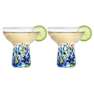 large stemless margarita glasses – set of 2-14oz luxury hand blown confetti margaritas, martini, cocktails, water, wine, dessert & champagne glasses cinco de mayo, hand blown - mexican confetti glass