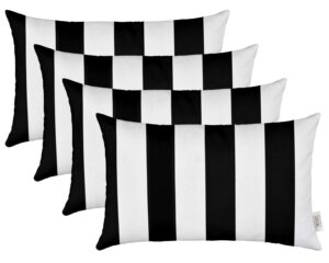 rsh decor: lumbar throw pillows set of 4 | 20” x 12" | all-weather spun fabric | water and fade-resistant | outdoor support pillows for patio furniture | black & white stripe