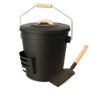 heavy-duty fireplace ash bucket with lid, handle and shovel, large metal coal hod for wood stoves, fireplaces, and outdoor fire pits, heat-resistant 10x10x13 inches (5.2 gallon)