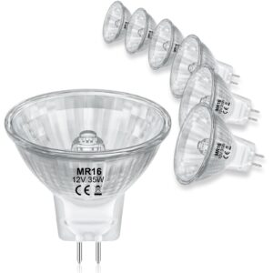 mr16 halogen bulb 35w 12v halogen light bulbs 2 pin gu5.3 base dimmable spotlight with clear glass cover for landscape lights, track lights, desk lamps, 2700k warm white, 6 pack