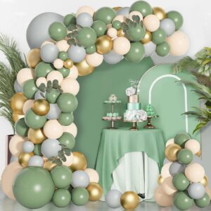 sage green balloons garland arch kit, olive green gold grey nude latex party balloons for baby shower jungle safari wild one bridal shower wedding birthday party decorations supplies………