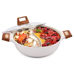 generic 5-qt double-flavor multi-functional hot pot divider for dual broth cooking - dual-sided 12 inch shabu shabu pot for electric induction, gas stove, cooktop, grill, large, beige