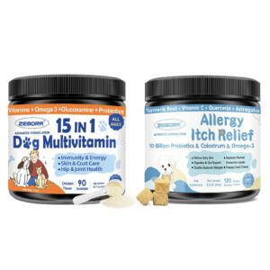 dog multivitamin powder with glucosamine, dog allergy relief chews, with probiotics, omega 3, colostrum - dog itching skin & ears relief