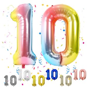 rainbow number 10 balloons, 10th birthday balloon, 40inch gradient 10 balloon numbers, large self inflating foil balloon, 10th birthday decorations for kids birthday, 10 anniversary decorations