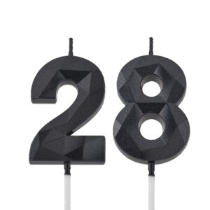 2 inch black 28 birthday candles, 3d diamond number 28th cake topper for boys girls birthday party decorations theme party