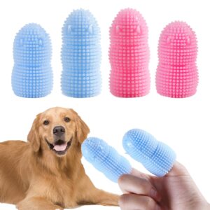 jooeasi dog finger toothbrush, 4 pack heavy duty dog tooth brushing kit soft silicone finger toothbrush for dogs, cats (blue and pink) (4 pack)